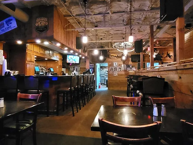 Step inside and embrace the cowboy chic! This interior screams "steak sanctuary" louder than a dinner bell on a cattle ranch.