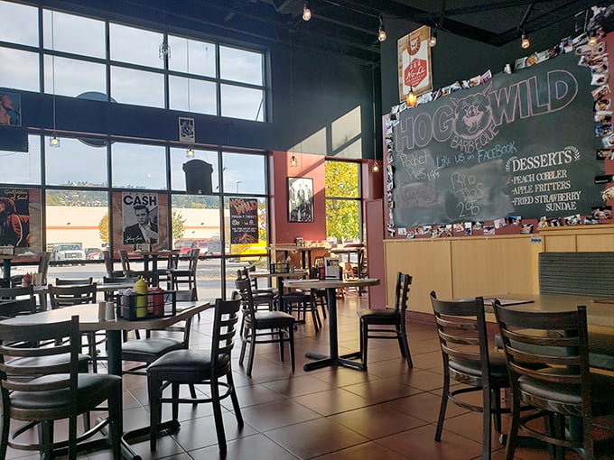 Step into flavor town! This cozy interior, complete with chalkboard menu, promises a laid-back feast that'll have you loosening your belt.