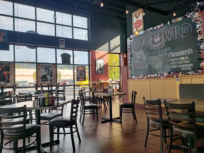 Step into flavor town! This cozy interior, complete with chalkboard menu, promises a laid-back feast that'll have you loosening your belt.