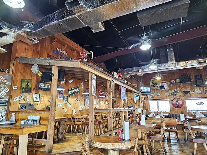 Step inside and you're transported to wood-paneled heaven. Every inch tells a story, from the "DRUGS" sign to the countless mementos adorning the walls.