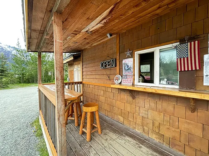 A view to a grill! This rustic counter serves up burgers with a side of breathtaking Alaskan scenery.