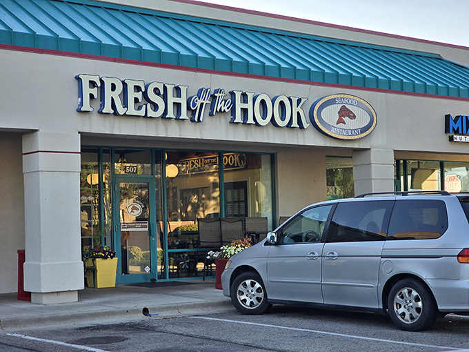 Neon lights, big flavors! Fresh Off The Hook's sign promises a catch so fresh, you'll think you're seaside in Idaho.