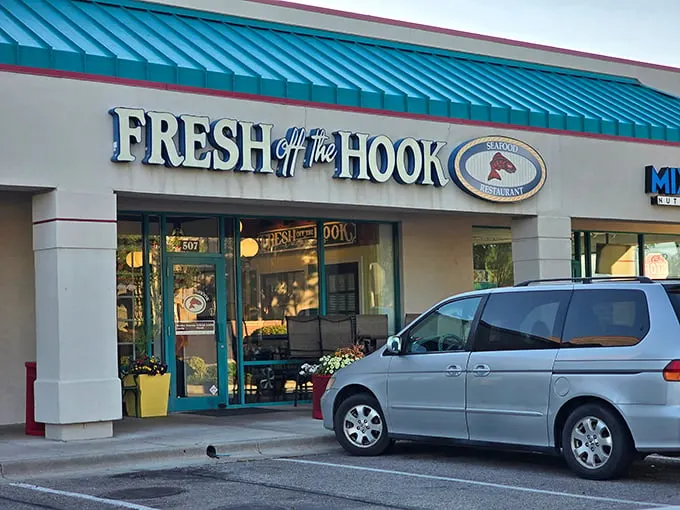Neon lights, big flavors! Fresh Off The Hook's sign promises a catch so fresh, you'll think you're seaside in Idaho.