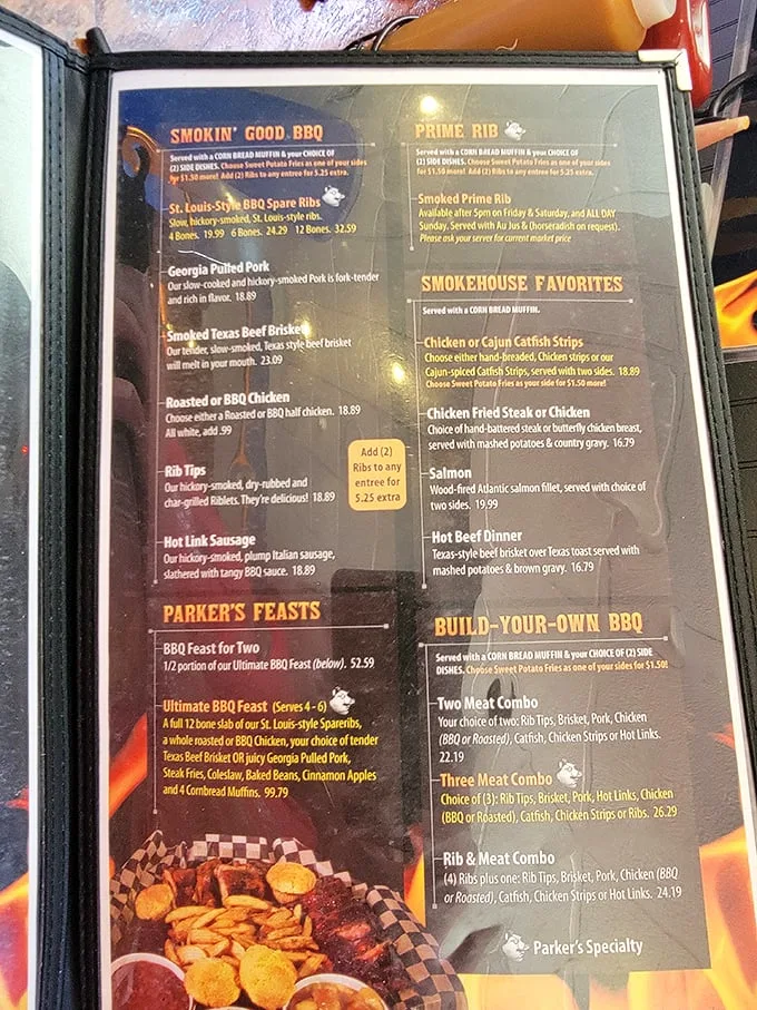 Decisions, decisions! Parker's menu is a roadmap to BBQ bliss. Pro tip: Bring a friend and share – your stomach will thank you later.