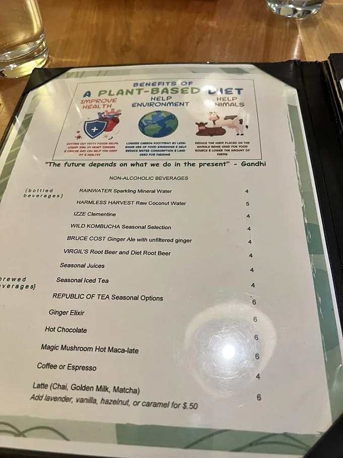 This isn't just a menu—it's a manifesto for delicious living that Gandhi himself would approve of, complete with Magic Mushroom Maca-late.