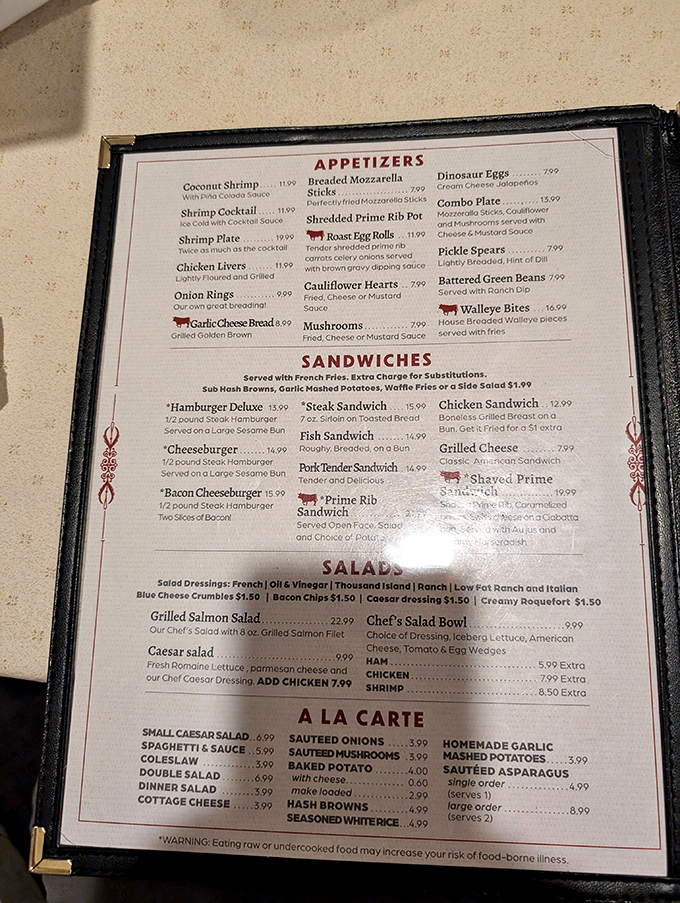 A menu that doesn't need fancy fonts or flowery descriptions—just straightforward promises of prime rib excellence and hearty steakhouse favorites.
