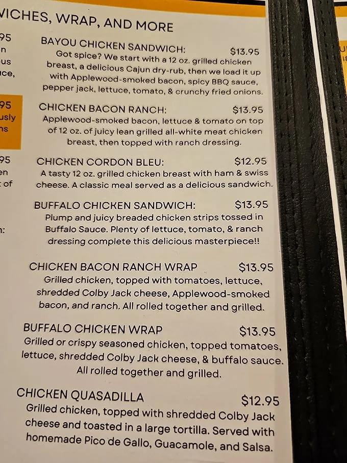 A menu that reads like a love letter to comfort food. From Bayou Chicken to Buffalo wraps, it's a culinary road trip without leaving your seat.