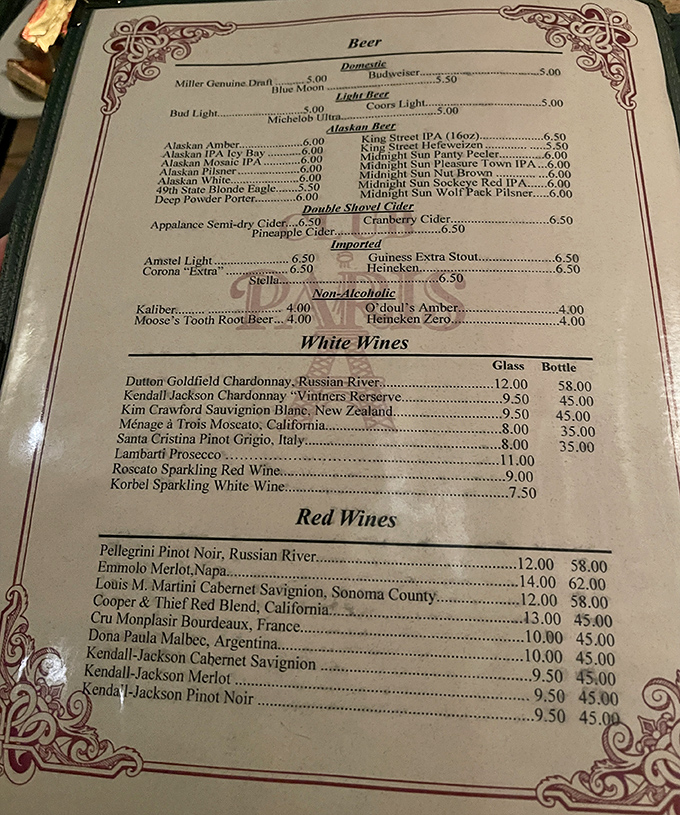 Decisions, decisions! This menu is like a treasure map for your taste buds. From Alaskan brews to French wines, it's a globetrotter's dream in liquid form.