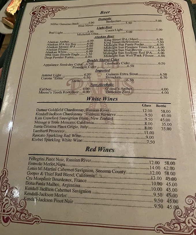 Decisions, decisions! This menu is like a treasure map for your taste buds. From Alaskan brews to French wines, it's a globetrotter's dream in liquid form.