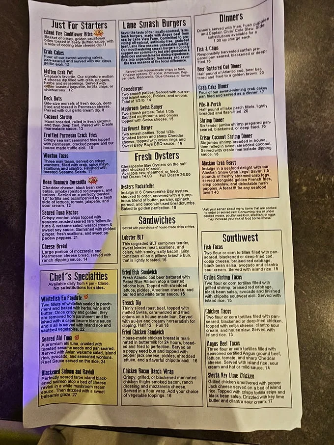 Behold, the sacred scrolls of seafood salvation! This menu is a treasure map leading to culinary gold – no pirate's eye patch required.