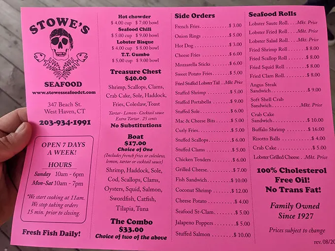 Behold, the pink treasure map of culinary delights! Stowe's menu is a siren song of seafood specialties that would make even Poseidon's mouth water.