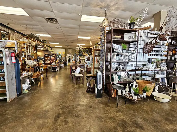 Aisle after aisle of memories! This interior shot is like peering into your grandma's attic, if your grandma collected everything from crystal chandeliers to kitschy lawn gnomes.