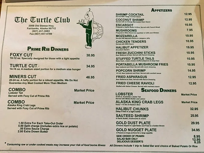 Behold, the menu of dreams! From "Foxy Cuts" to "Miners Cuts," this prime rib lineup is more exciting than the cast of an Ocean's movie.