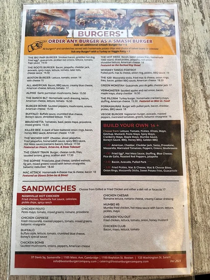 Behold, the menu of champions! Each burger is a work of art, a testament to the human spirit's ability to stack toppings to dizzying heights.