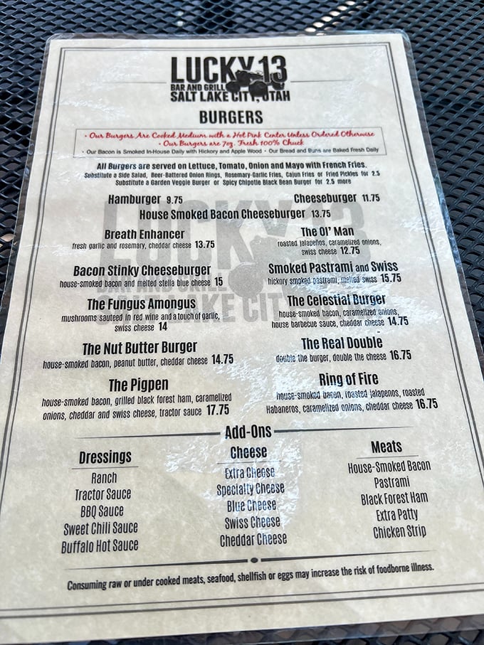 Behold, the sacred text of burger aficionados! Lucky 13's menu is a choose-your-own-adventure of meaty delights.