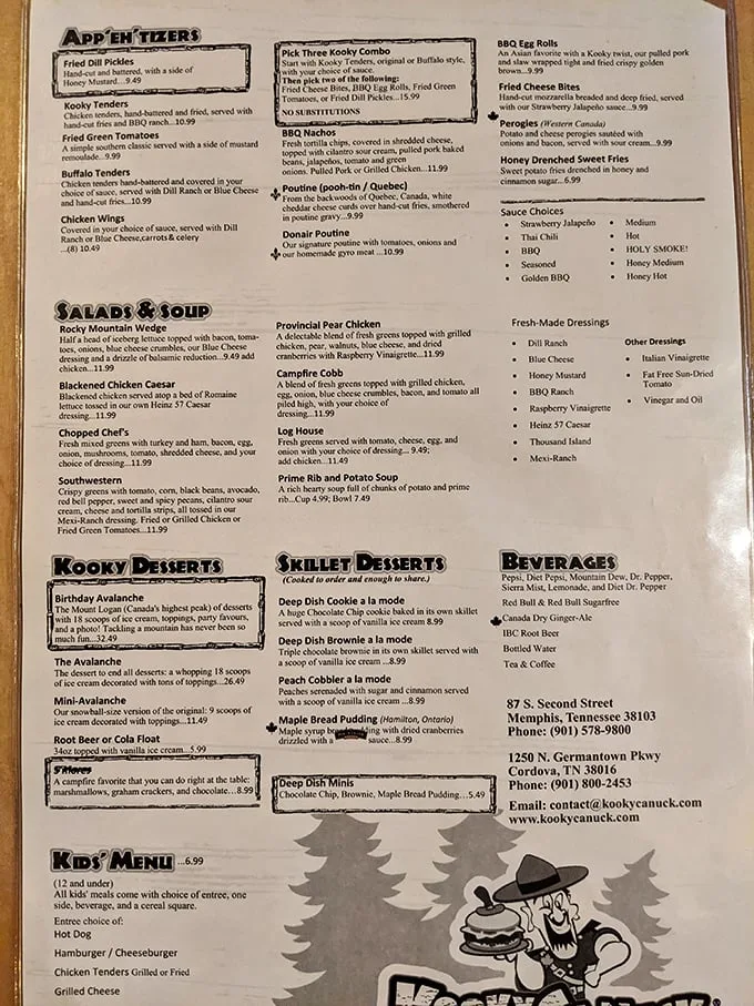 Perusing this menu is like reading a love letter to comfort food. From "App'eh'tizers" to "Kooky Desserts," each section is a tasty tribute to indulgence.