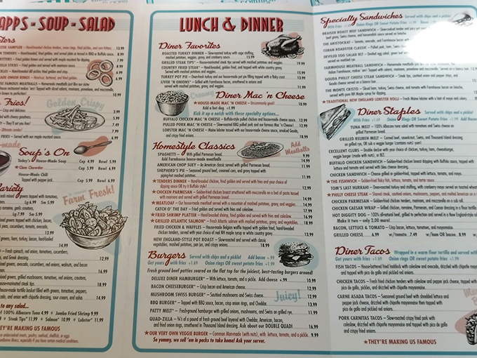 Decisions, decisions! This menu is a roadmap to comfort food nirvana. Warning: May cause spontaneous "mmm" noises.