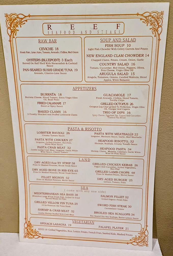 Decisions, decisions! Reef's menu is a treasure map of culinary adventures. X marks the spot for delicious seafood!