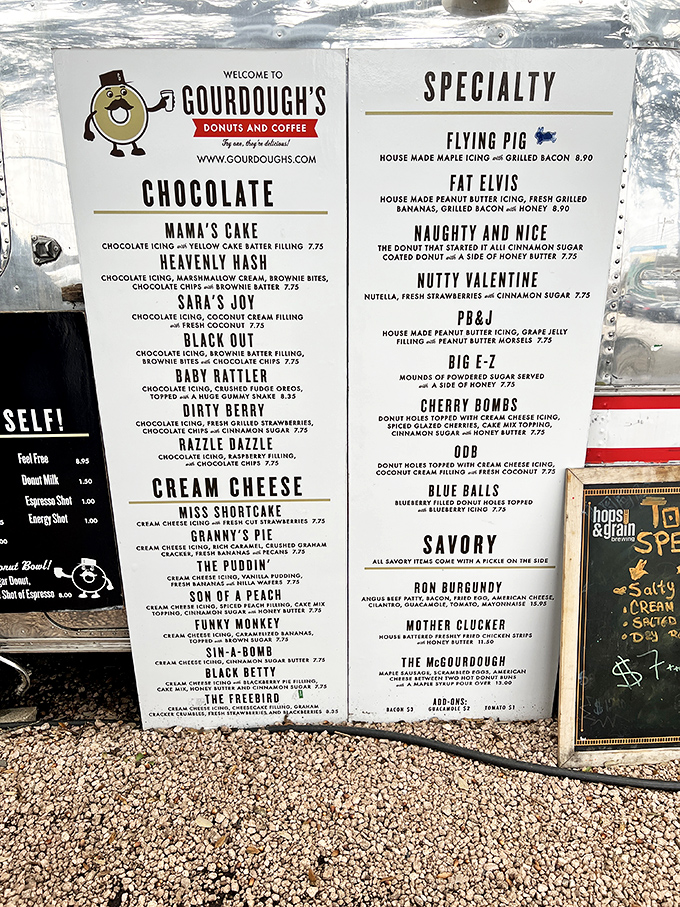 A menu that reads like a sugar-coated fever dream. From "Flying Pig" to "Fat Elvis," these donuts are the stuff of legend – and late-night cravings.