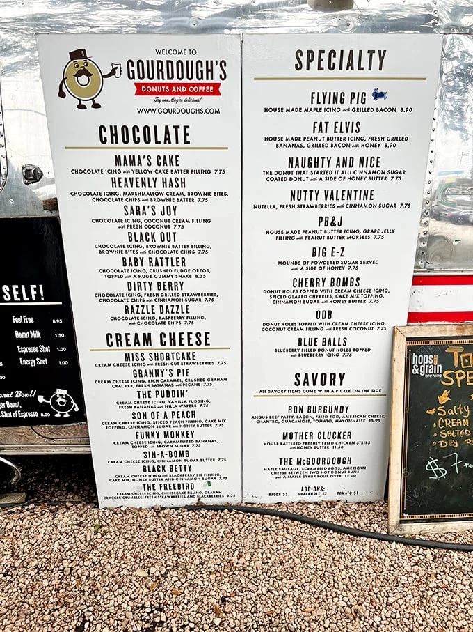 A menu that reads like a sugar-coated fever dream. From "Flying Pig" to "Fat Elvis," these donuts are the stuff of legend – and late-night cravings.