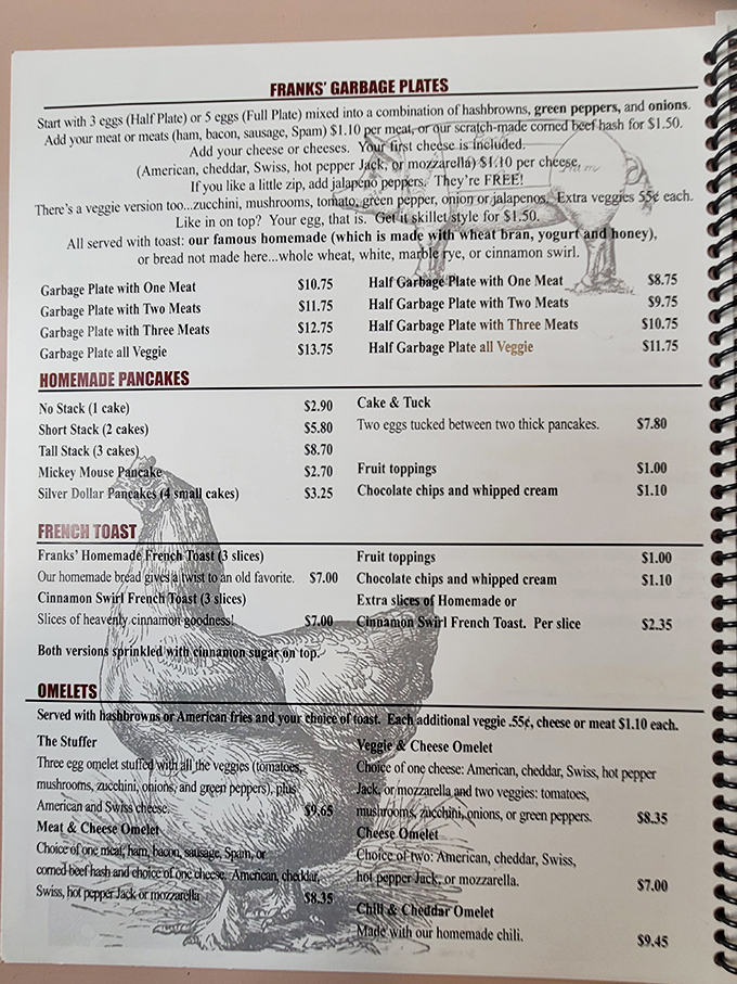 Behold, the menu of champions! Where "Garbage Plate" is a term of endearment and pancakes come in all sizes, just like us after eating here.