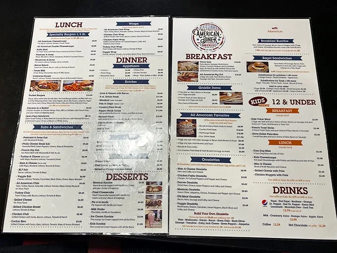 A menu that doesn't need Instagram filters – just honest food at honest prices. The laminated pages hold the roadmap to happiness, one omelet at a time.