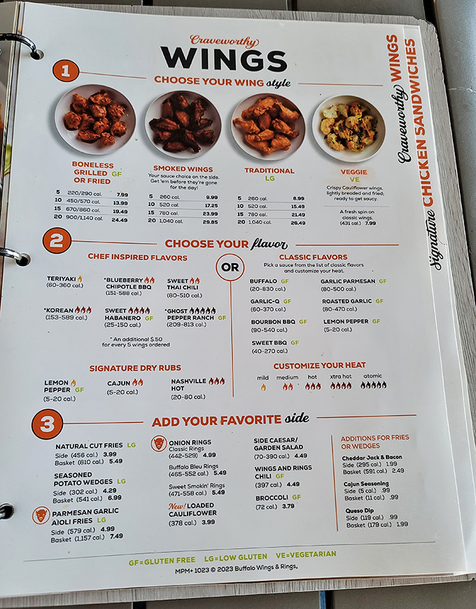 The menu reads like a love letter to wing aficionados – traditional, smoked, boneless, and even veggie options for the chicken-averse among us.