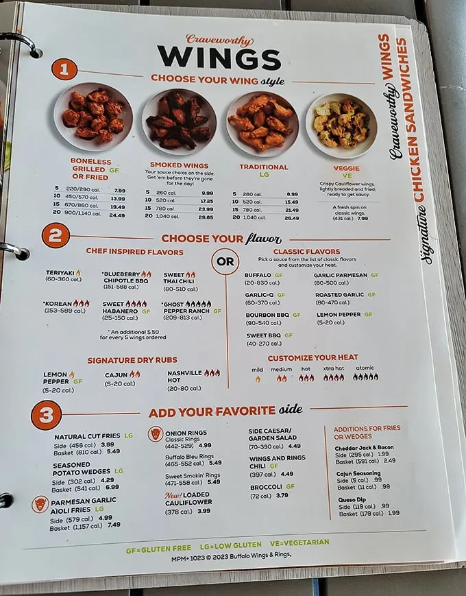The menu reads like a love letter to wing aficionados – traditional, smoked, boneless, and even veggie options for the chicken-averse among us.