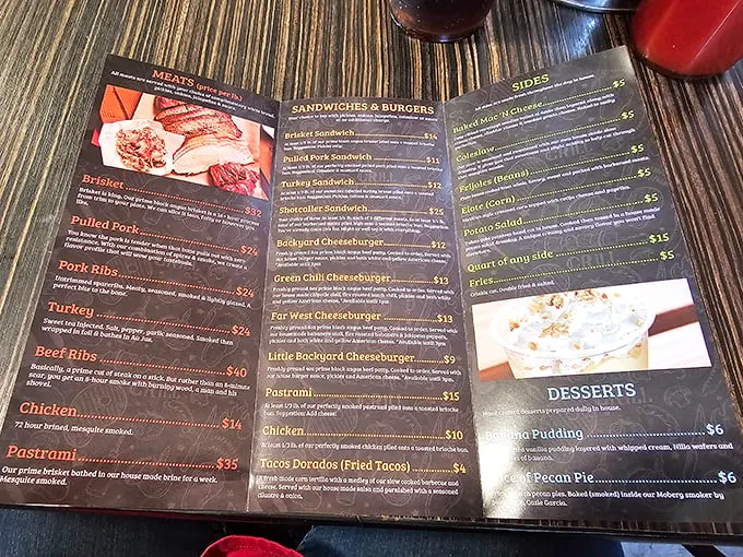 This menu isn't just a list—it's a roadmap to happiness. The holy trinity of brisket, ribs, and pulled pork await your pilgrimage.