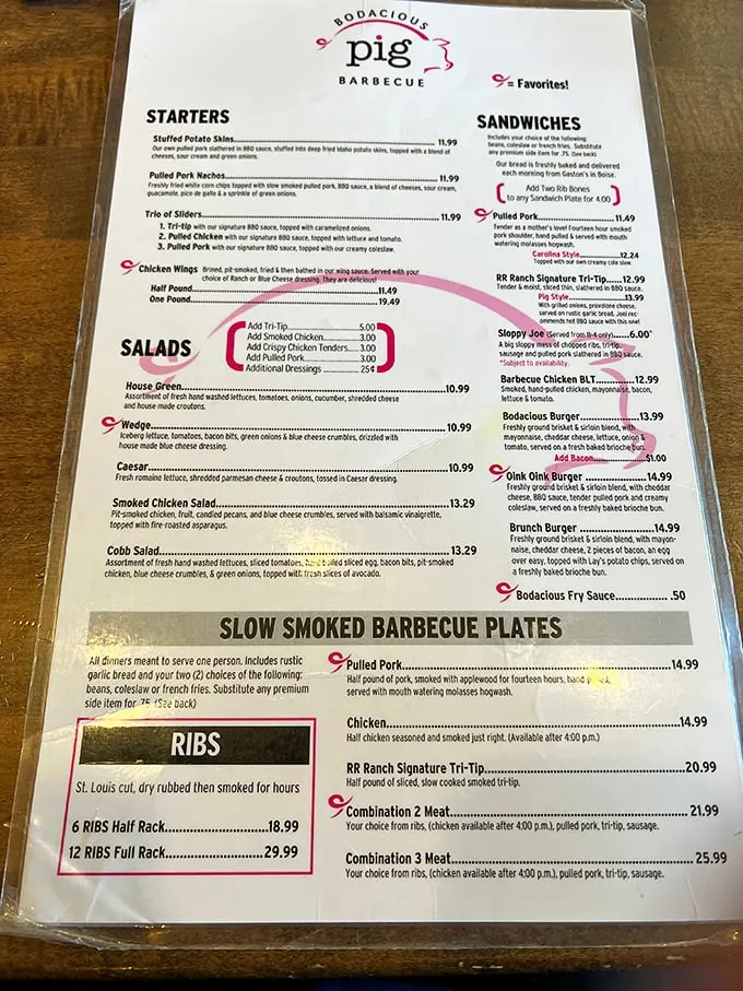 A menu that reads like poetry to meat lovers. Those little red stars mark the path to flavor nirvana.