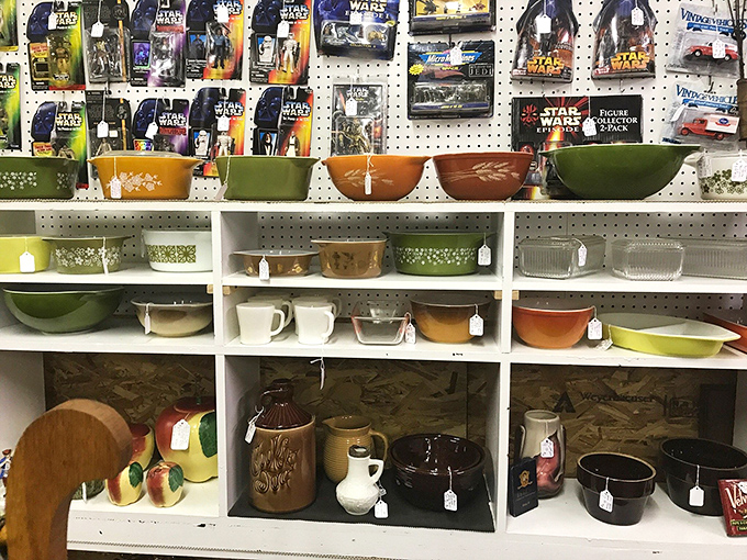 Pyrex paradise meets Star Wars collectibles—where your grandmother's kitchen and your childhood obsessions collide in colorful harmony.