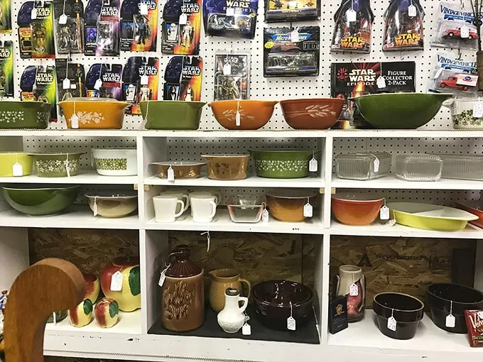Pyrex paradise meets Star Wars collectibles—where your grandmother's kitchen and your childhood obsessions collide in colorful harmony.