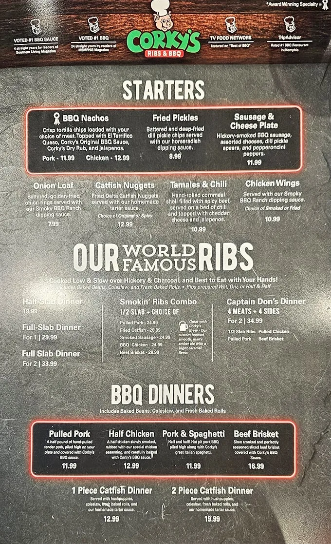 Decisions, decisions! Corky's menu is a treasure map of taste, guiding you through a mouthwatering maze of Memphis barbecue classics.