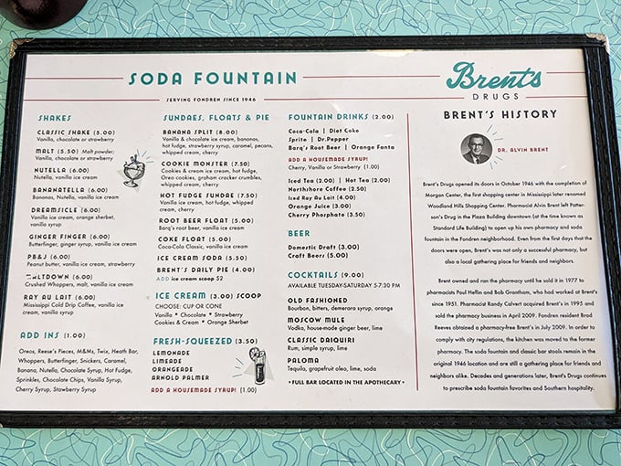 Behold, the sacred text of soda fountain delights! This menu is like a greatest hits album of American comfort food, with a Southern twist.