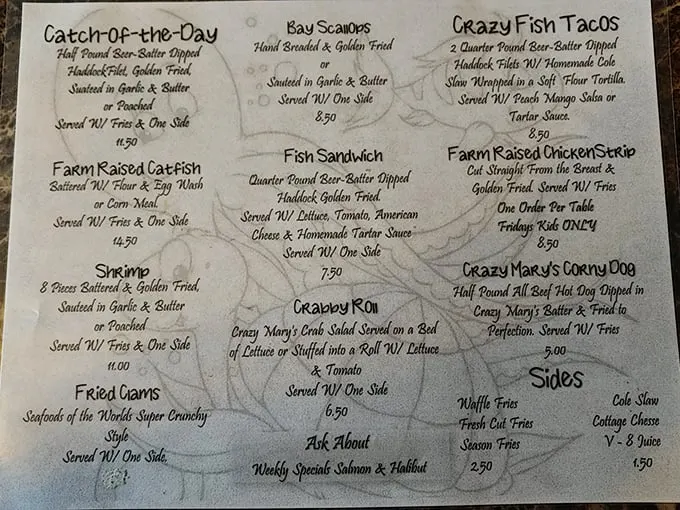 Decisions, decisions! This menu is a seafood lover's dream, offering everything from classic fish and chips to intriguing "Crazy Fish Tacos."