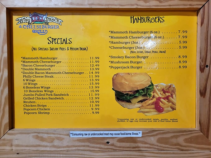 The menu board speaks the universal language of comfort food. Those Mammoth burgers aren't just named—they're accurately described.