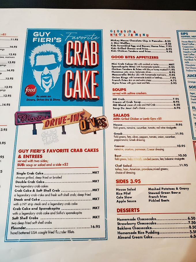 Decisions, decisions! Guy Fieri's favorite crab cake shares menu space with local delights. It's like choosing between Batman and Superman – they're all heroes here!