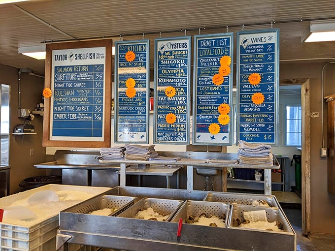 Behold, the menu of dreams! This chalkboard masterpiece reads like a "Who's Who" of oceanic delicacies. Decisions, decisions...