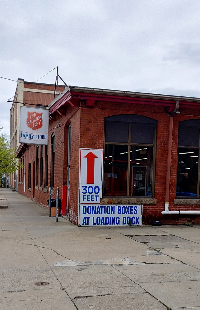 "The Salvation Army: Where bargain hunting meets time travel. That arrow points to more than just donation boxes – it's your portal to thrifting nirvana!"