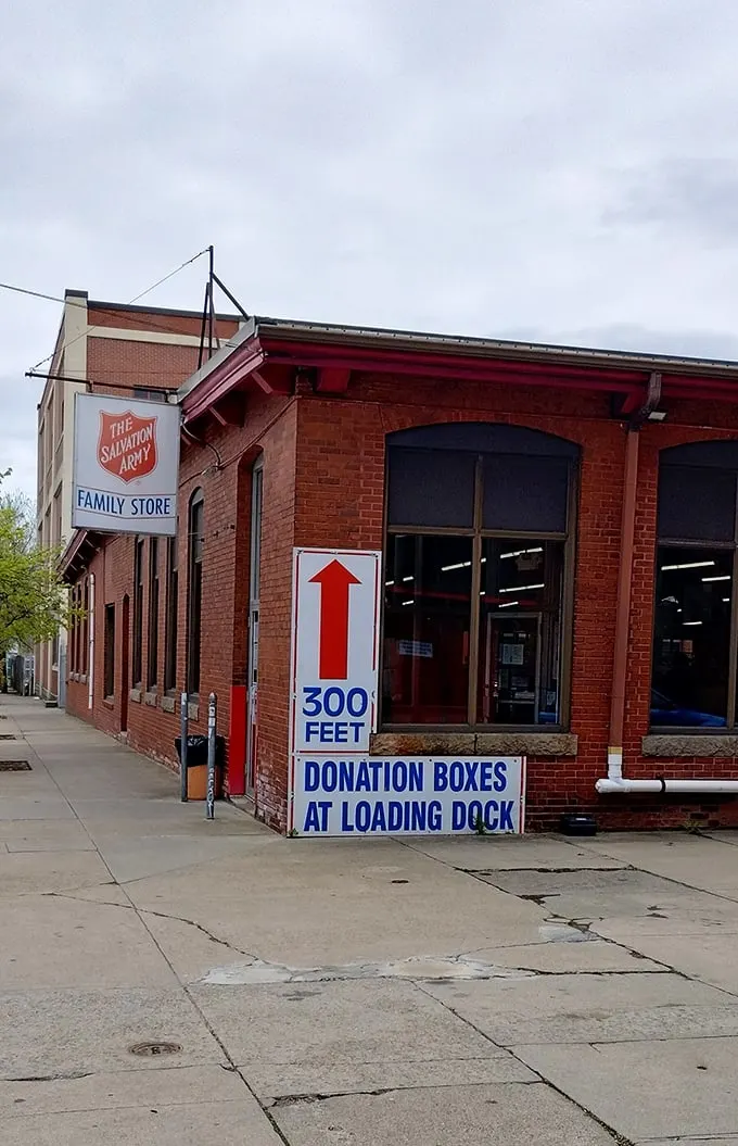 "The Salvation Army: Where bargain hunting meets time travel. That arrow points to more than just donation boxes – it's your portal to thrifting nirvana!"