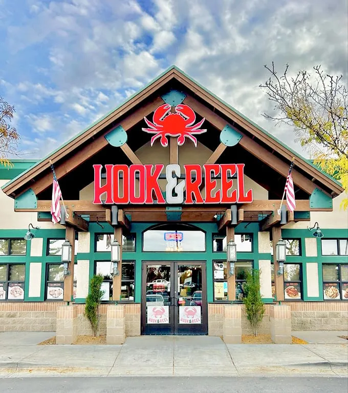 Crab-tivating design! Hook & Reel's facade is like a seafood lover's log cabin – rustic charm meets oceanic delights.