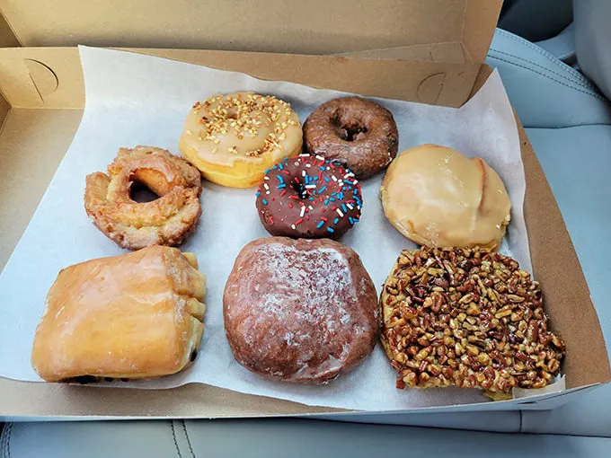 A box of joy, wrapped in cardboard! These doughnuts aren't just breakfast, they're an edible art gallery of glazed and sprinkled masterpieces.