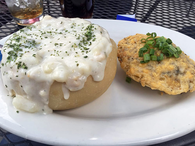 Clam chowder in a bread bowl: where comfort food meets edible dishware. It's a hug for your taste buds!