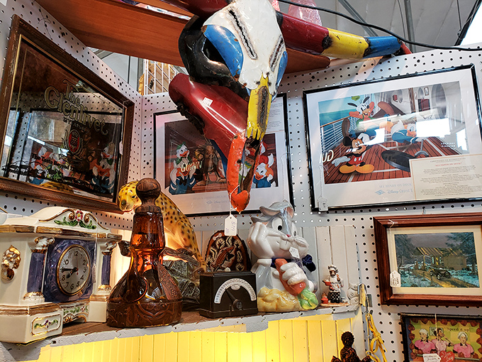 From kitschy to classy, this booth has it all. That colorful character up top looks ready to join you for a nostalgic shopping spree.