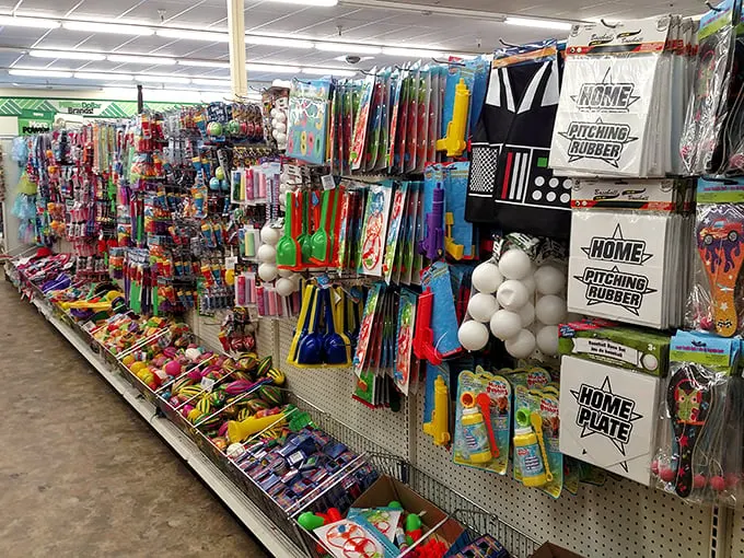 Toys galore! From plastic piñatas to bouncy balls, this aisle is like Willy Wonka's factory for the thrifty kid in all of us.