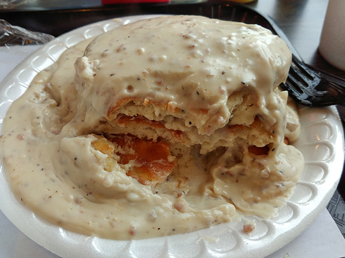 Biscuits and gravy nirvana! This plate is what dreams are made of – fluffy clouds of biscuits swimming in a sea of peppery, creamy bliss.