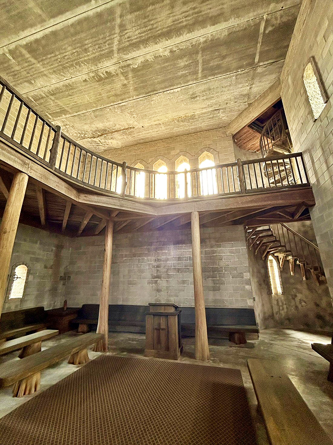 Soaring ceilings and rustic wooden beams – it's like stepping into a time machine with surprisingly good craftsmanship.