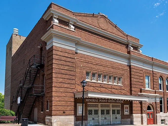Lights, camera, action! The Mineral Point Opera House stands ready for its close-up, a brick-and-mortar starlet from a bygone era of entertainment.
