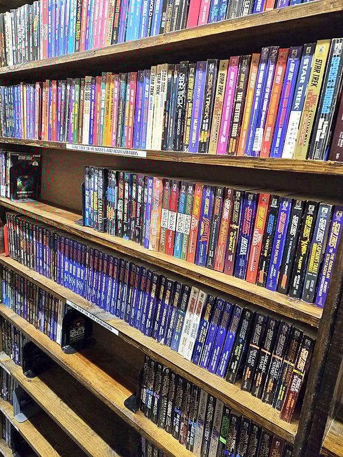 A rainbow of reading awaits! These shelves are a buffet of stories, each spine a portal to another world.