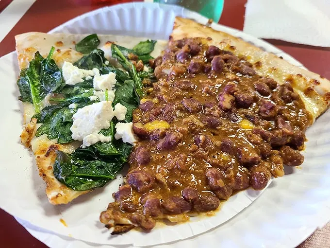 Talk about a dynamic duo! These slices are the Batman and Robin of the pizza world – one lean and green, the other meaty and mighty.